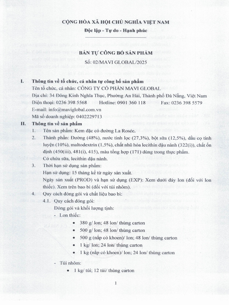 20250911(Bc)Ban Tu Cong Bo San Pham(Kem Dac Co Duong La Rosee) | PDF