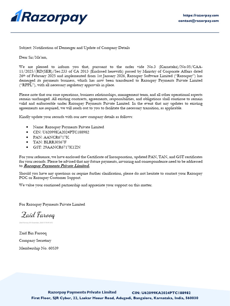 RSL- RPPL Demerger Intimation Letter(Merchants_Partner) | PDF ...