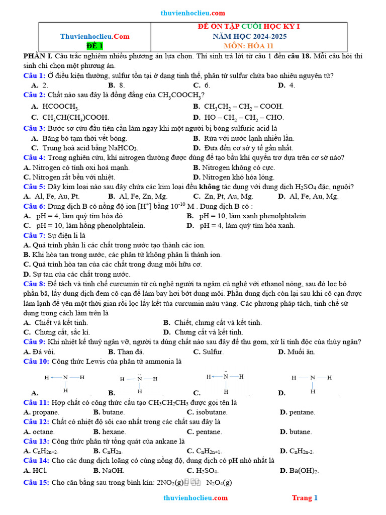 Thuvienhoclieu.com Bo de on Tap HK1 Hoa 11 CTST 24 25 | PDF