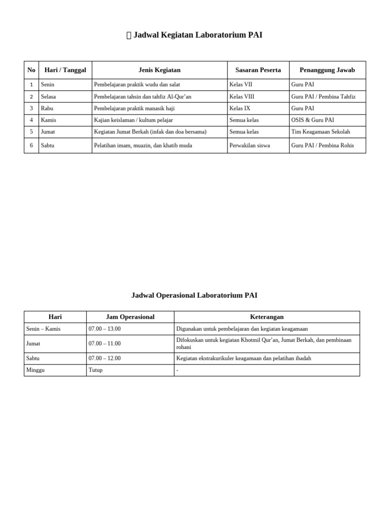 Jadwal Kegiatan Laboratorium PAI | PDF