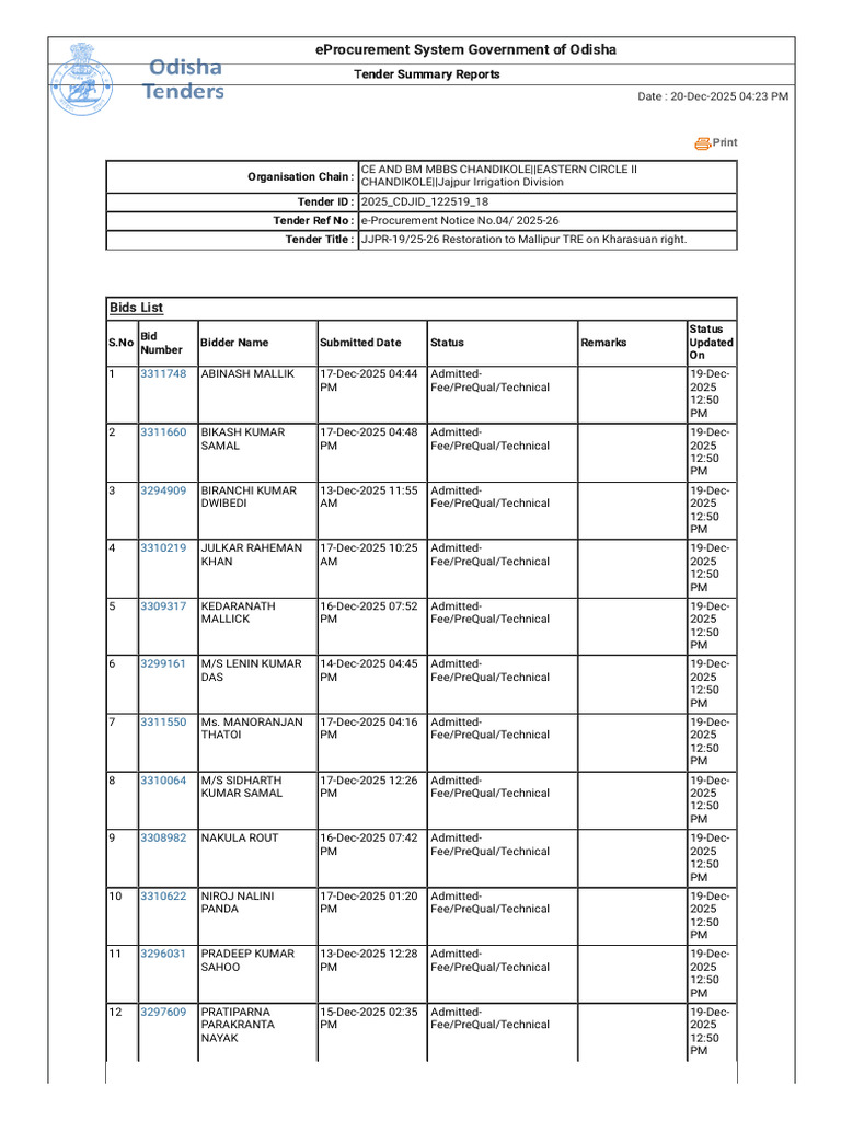 Odisha eProcurement Tender Summary | PDF | Procurement