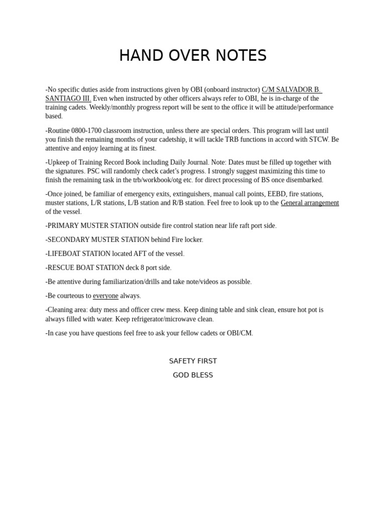 Hand Over Notes | PDF