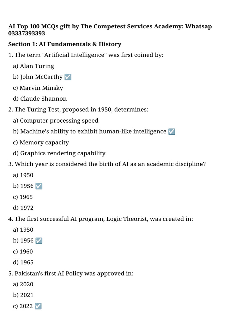 AI MCQs: Fundamentals to Applications | PDF | Artificial Intelligence ...