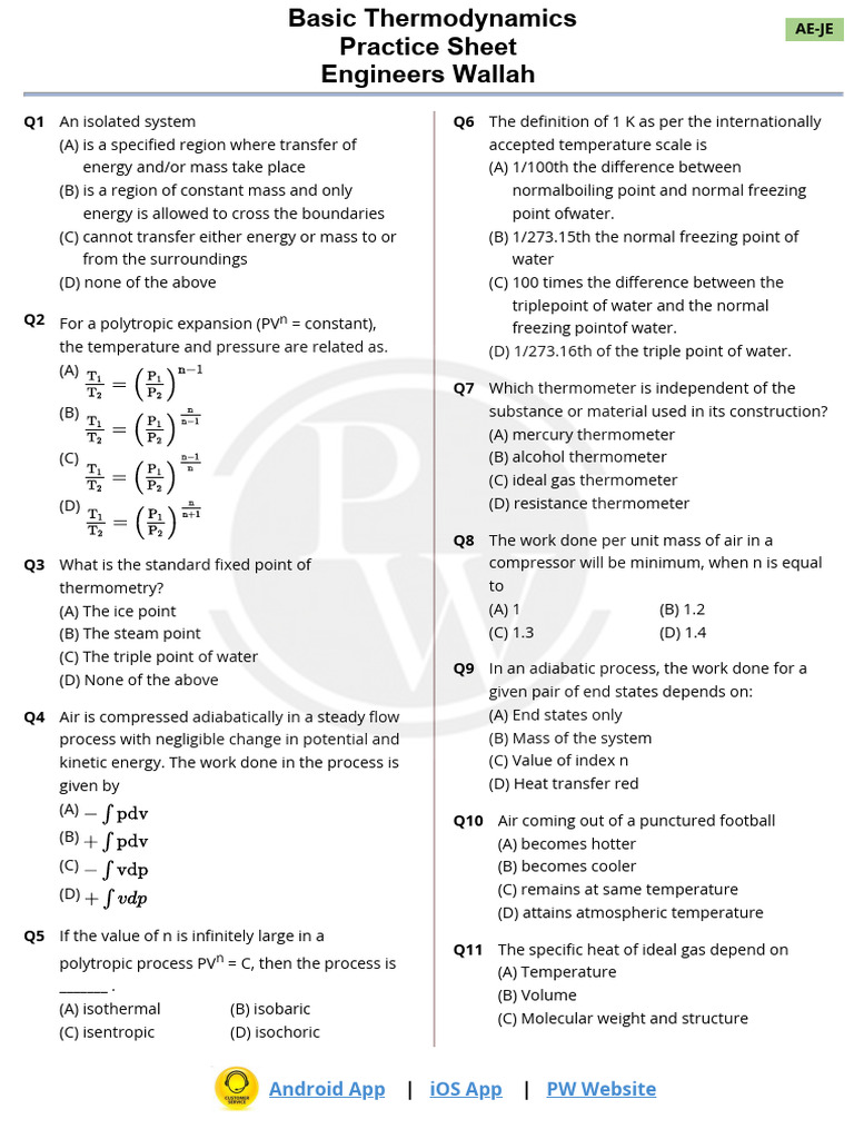 Basic Thermodynamics Practice Sheet (English) | PDF | Heat | Temperature