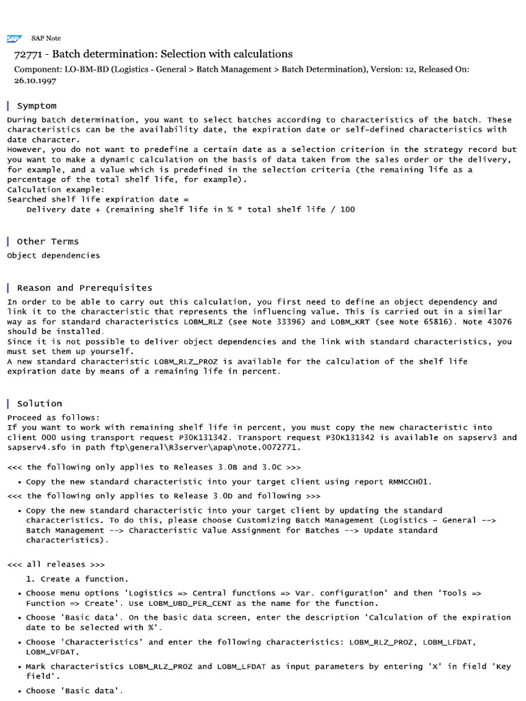SAP - Note - 72771 - Batch Determination Selection With Calculations | PDF