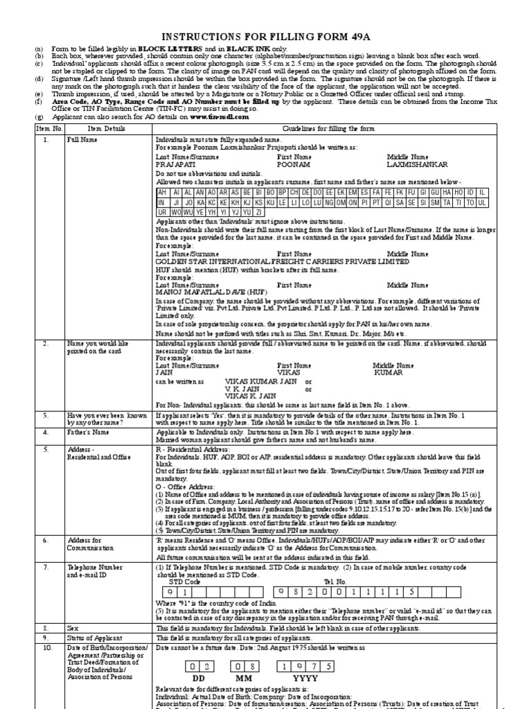 Instructions For Filling Form 49A | PDF | Identity Document | Business