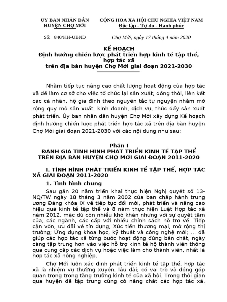 Ke Hoach Chien Luoc Phat Trien HTX Giai Doan 2021 - 2030 | PDF