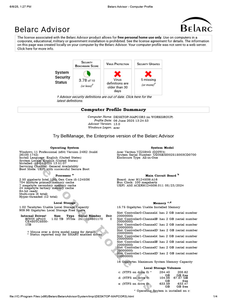 Belarc Advisor Computer Profile Summary | PDF | Usb | Microsoft Windows