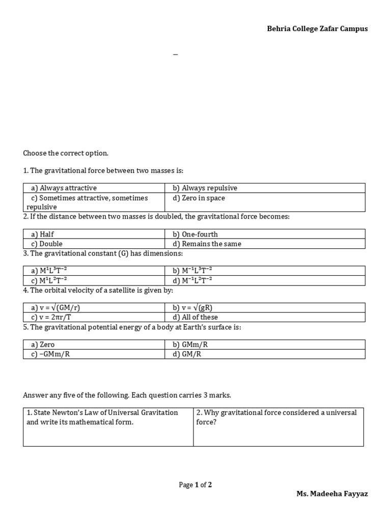 Physics Revision Test: Gravitation Concepts | PDF | Gravity | Newton's ...
