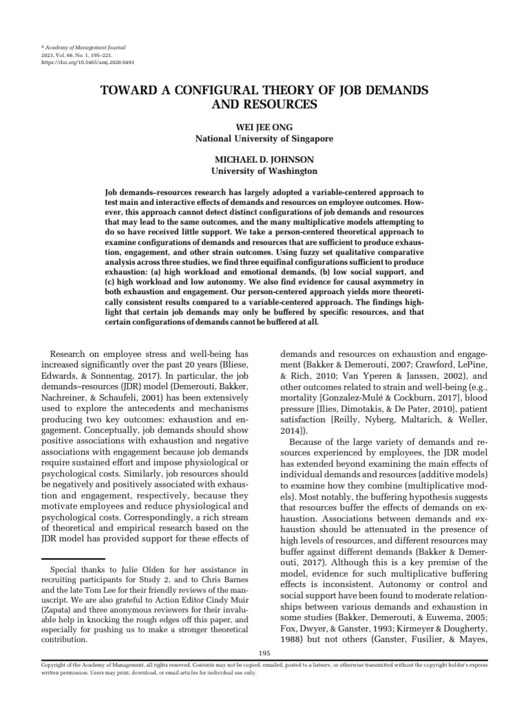 Ong Johnson 2023 Toward A Configural Theory of Job Demands and ...