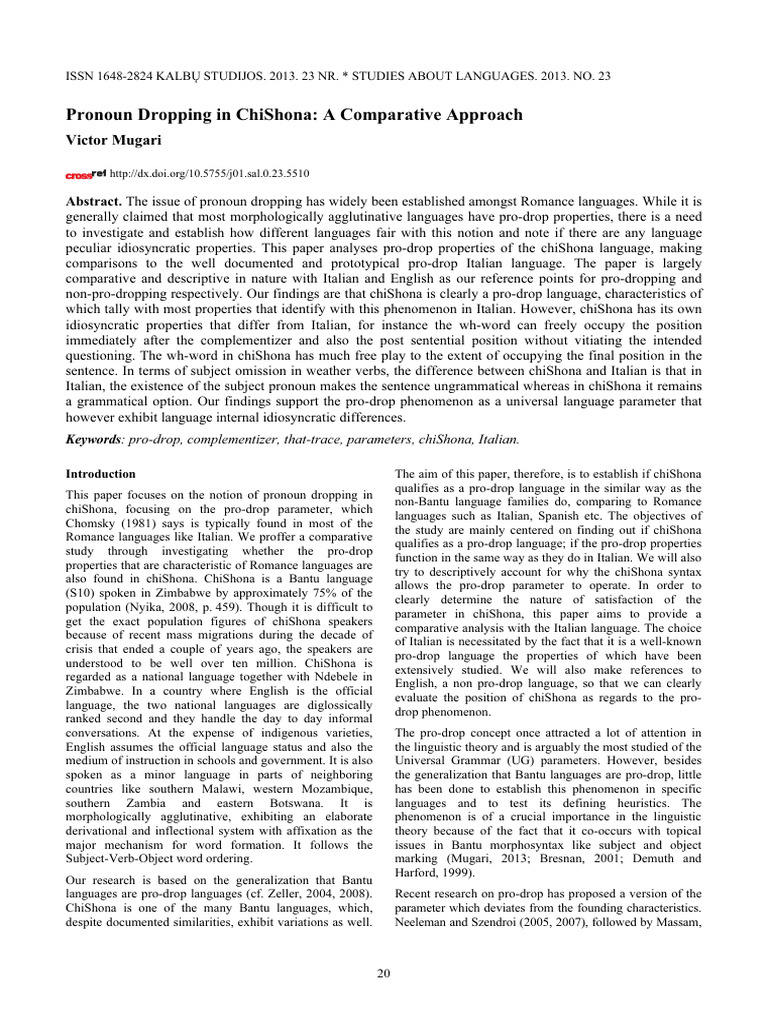 Pronoun Dropping in ChiShona Analysis | PDF | Subject (Grammar ...