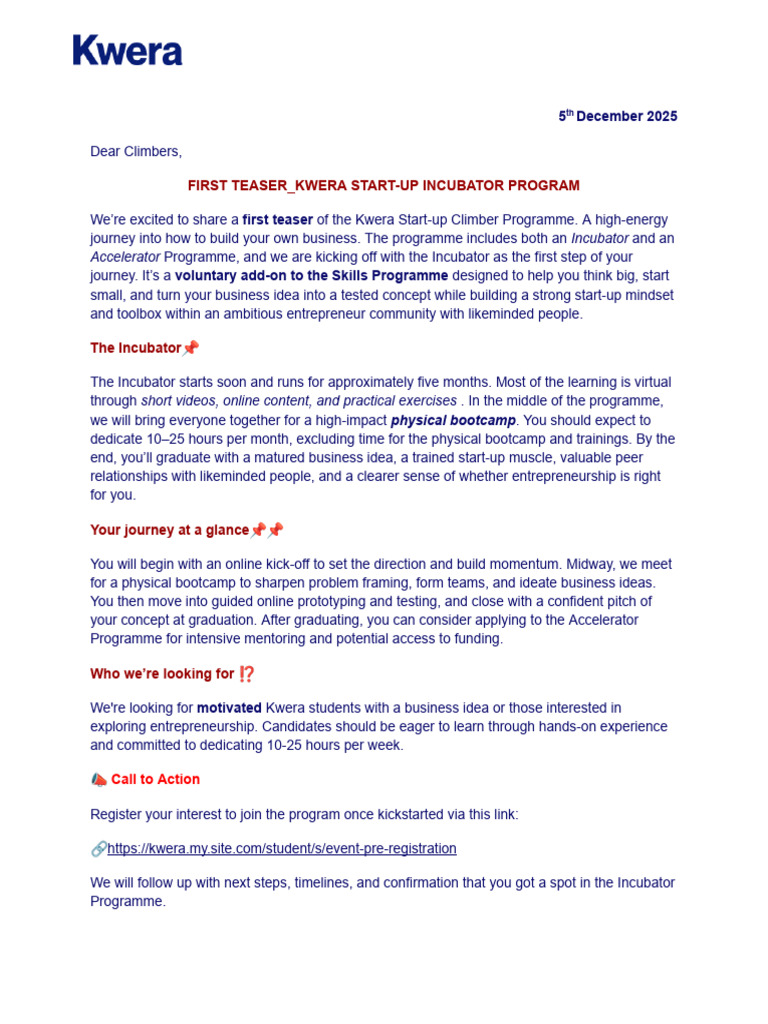 Kwera Start-up Incubator Program Launch | PDF | Startup Company | Small ...