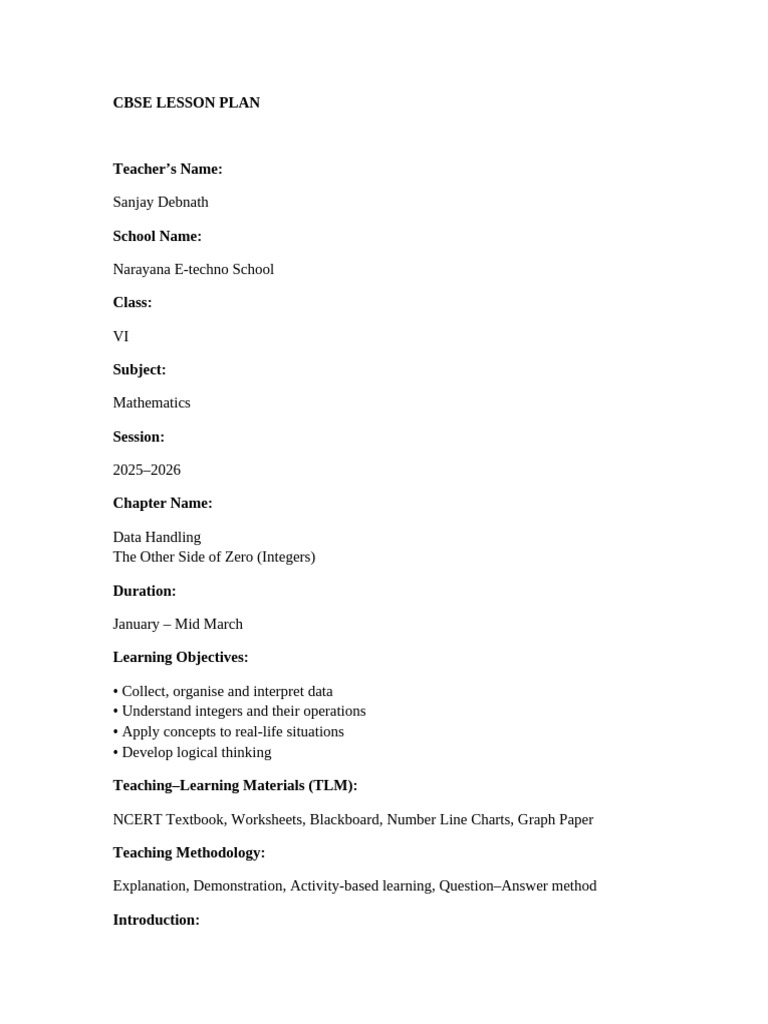 CBSE Class VI Math Lesson Plan: Data Handling | PDF