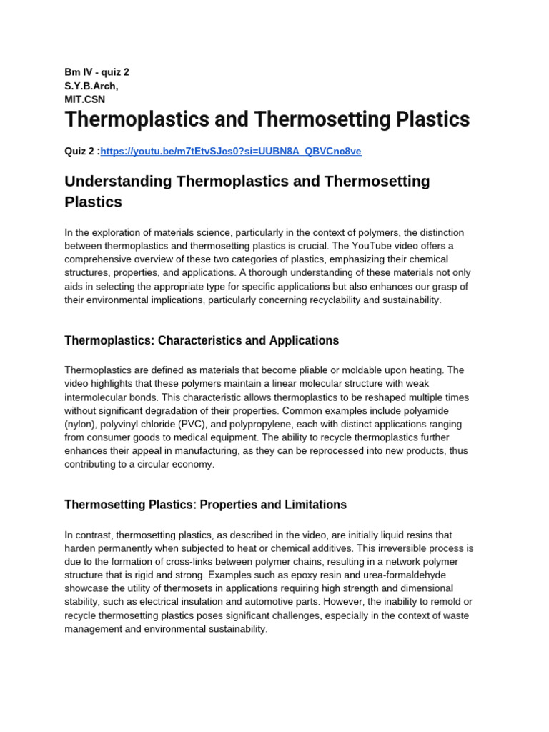 Thermoplastics and Thermosetting Plastics - Exemplar2 | PDF ...
