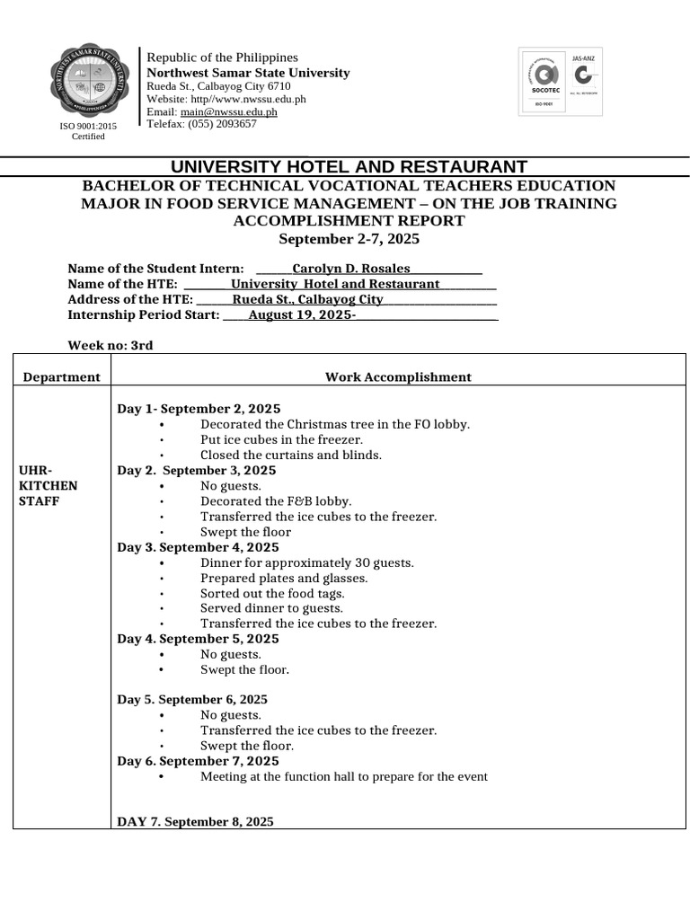 OJT Accomplishment Report: Food Service Management | PDF | Eating ...