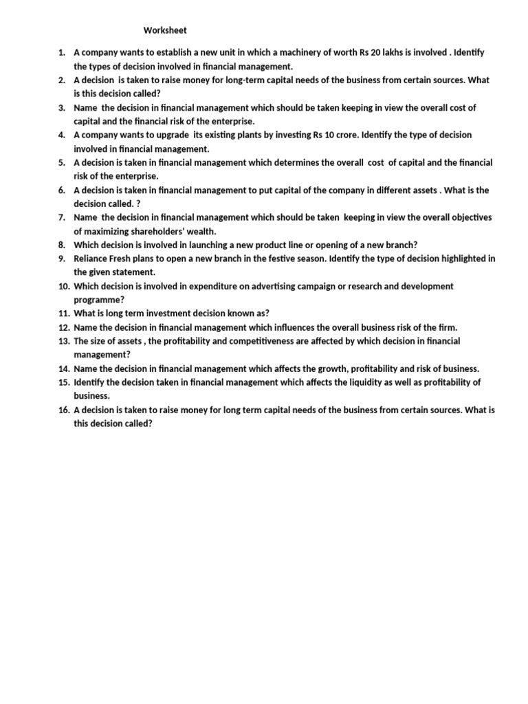 Worksheet (Financial Decisions) | PDF