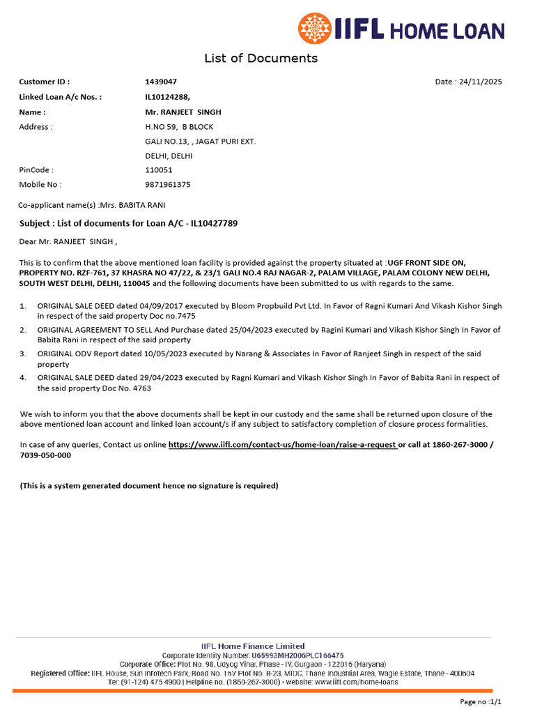 Loan Document List for Ranjeet Singh | PDF