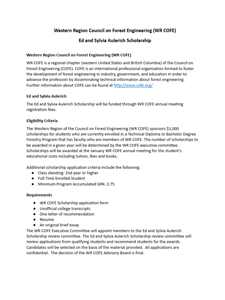2026 WR COFE Ed and Sylvia Aulerich Scholarship | PDF | Educational ...