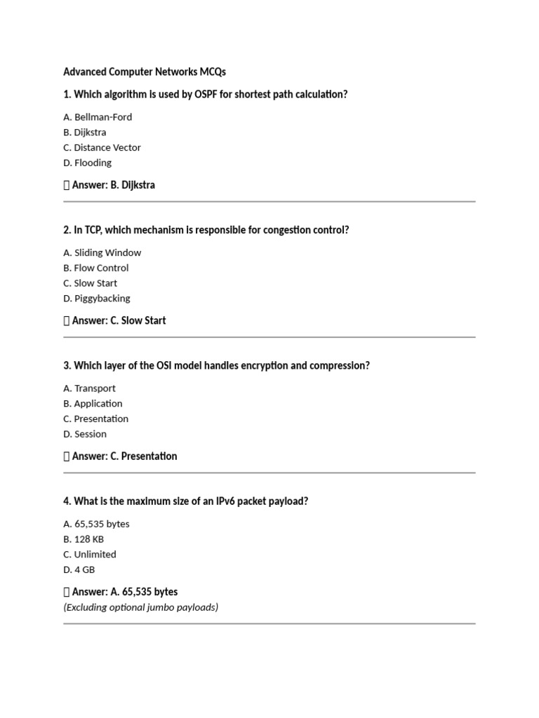 Advanced Computer Networks MCQs Guide | PDF | Transmission Control ...