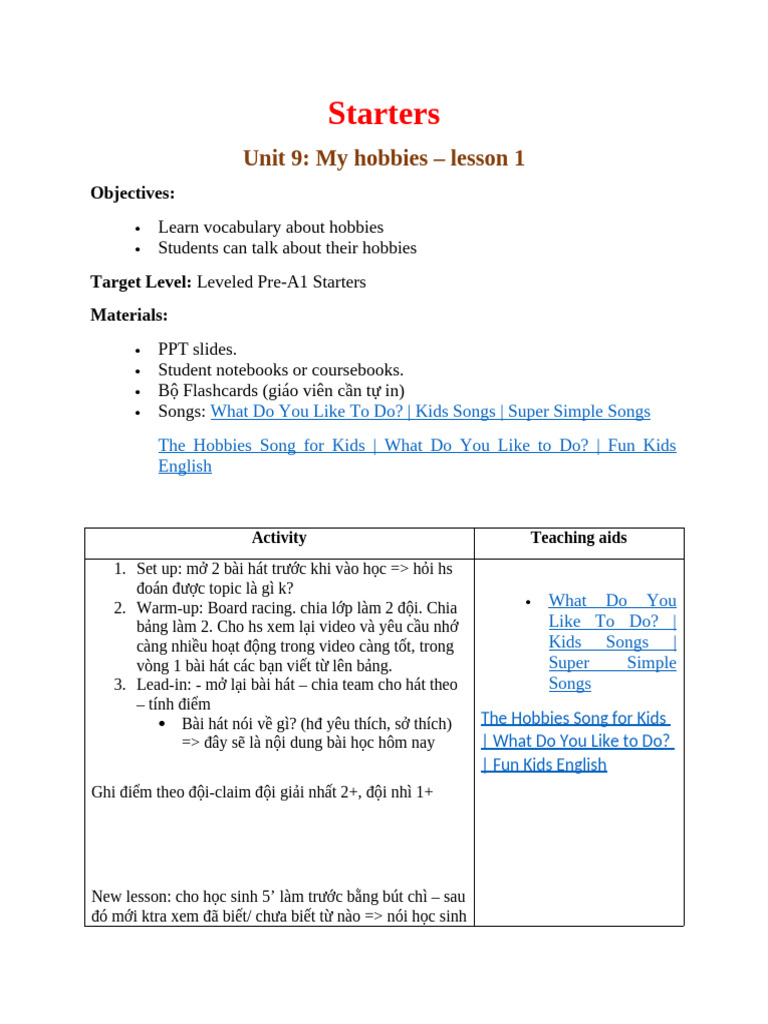 Lesson Plan Starter Unit 9 - Lesson 1 | PDF