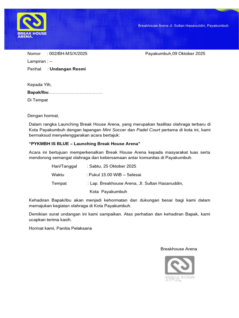Undangan Launching Break House Arena | PDF