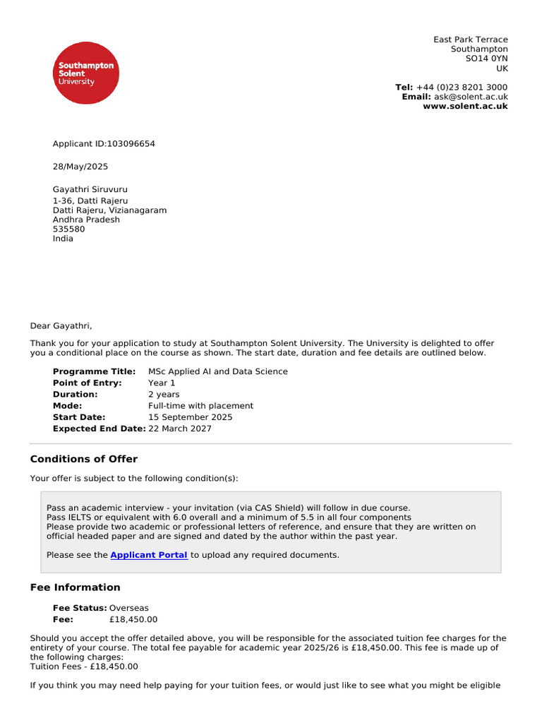 Solent University - Conditional Offer | PDF | Travel Visa | Learning ...
