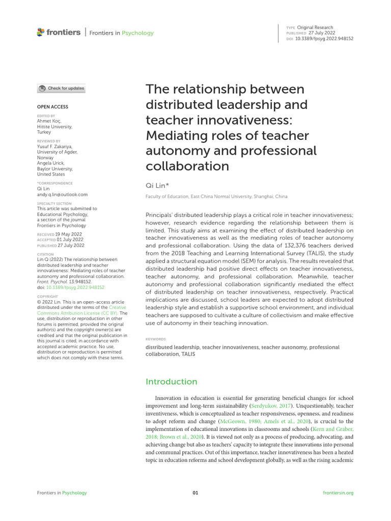 Distributed Leadership and Teacher Innovativeness | PDF