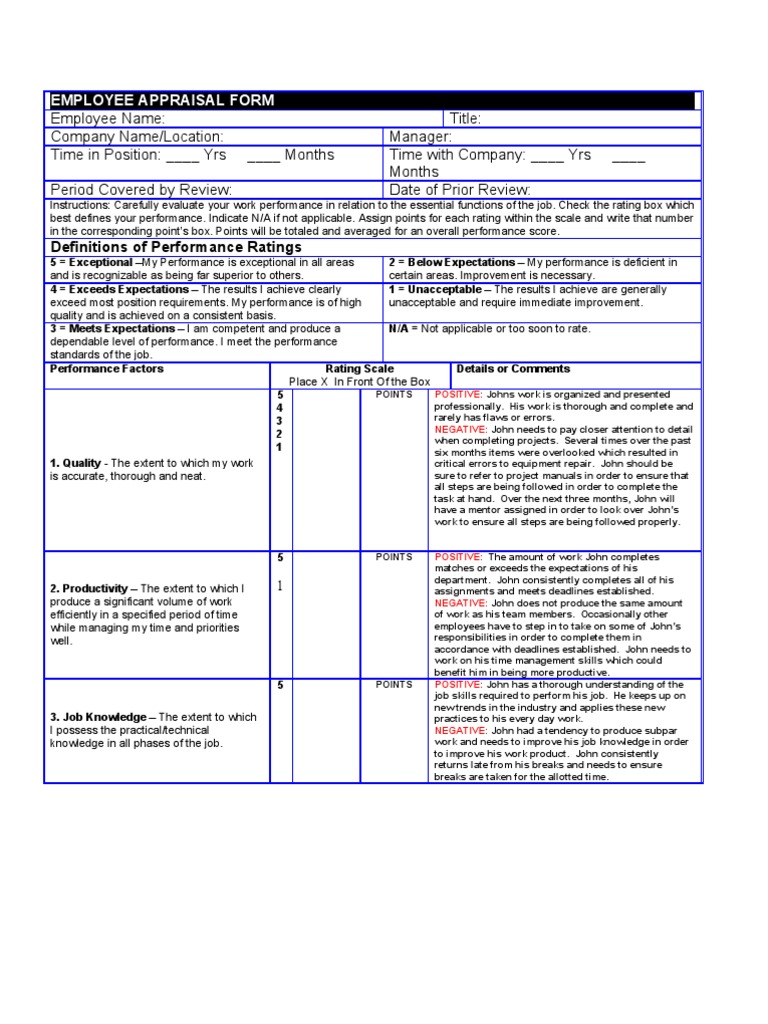 Revised Sample Performance Evalution Form With Sample Comments ...