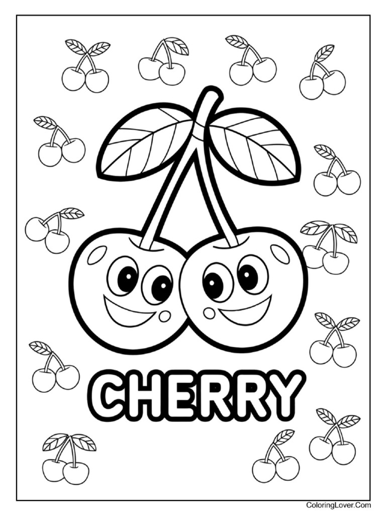 Smiling Cherry Pair Coloring Page For Kids | PDF