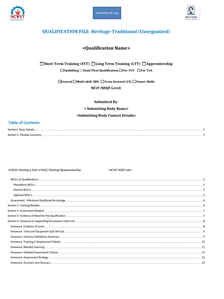 Template For Heritage Unorganised Qualification NCVET | PDF ...