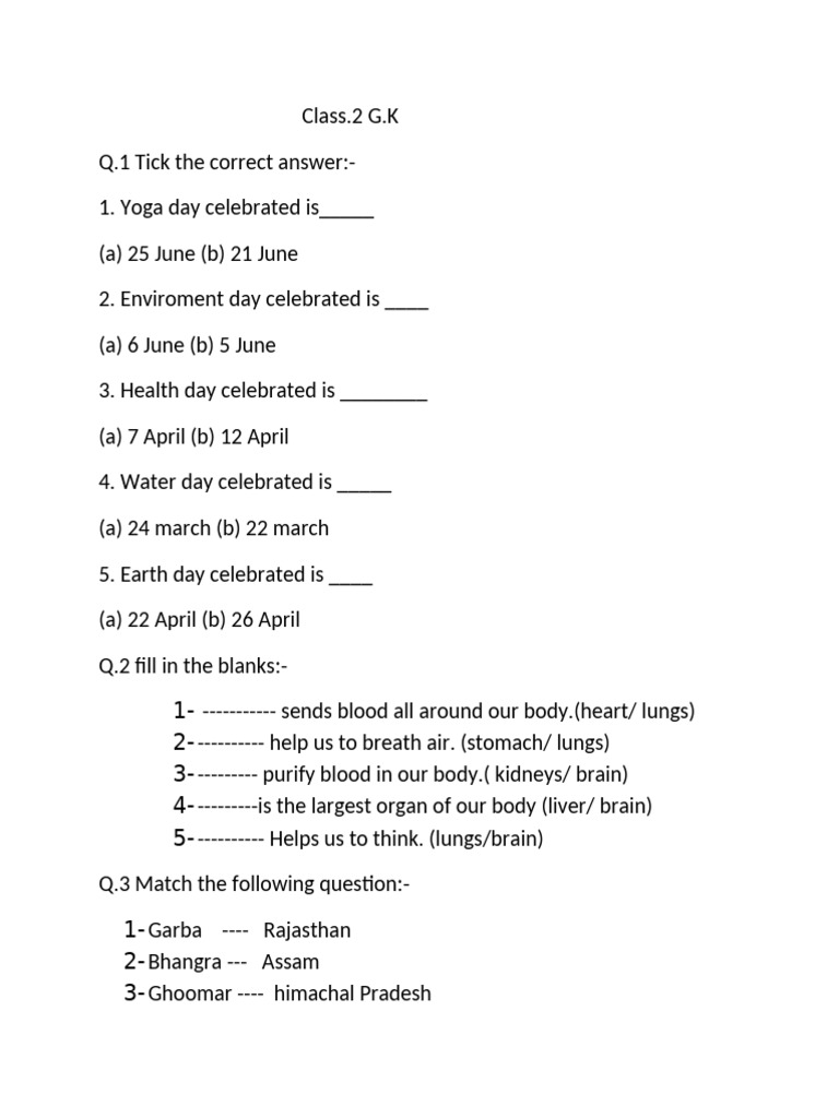 Class 2 General Knowledge Quiz | PDF