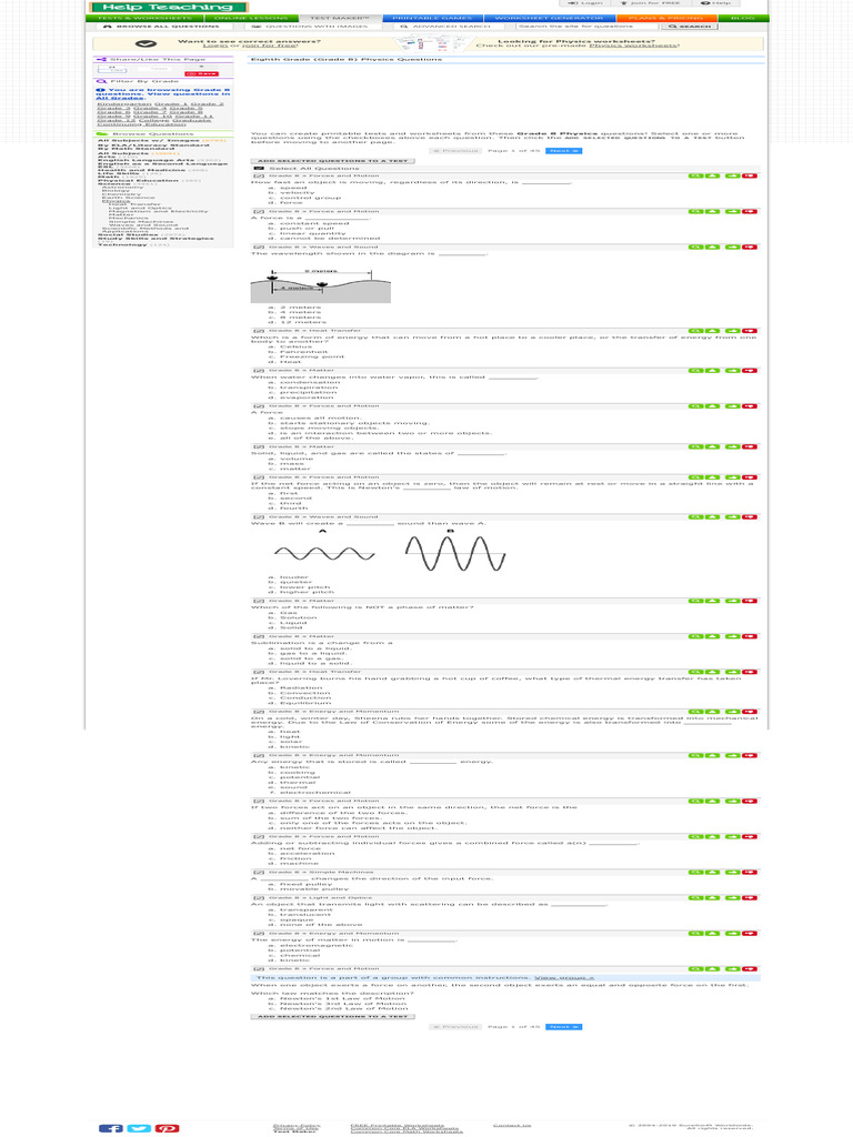 Eighth Grade Physics Worksheets | PDF | Force | Heat Transfer
