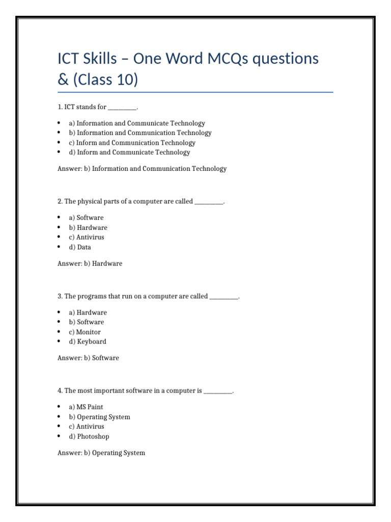 ICT Skills OneWord MCQs | PDF | Computer Virus | Educational Technology