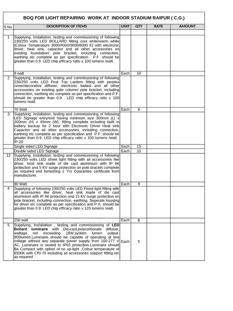 BOQ for Indoor Stadium Lighting & Installations | PDF | Light Emitting ...