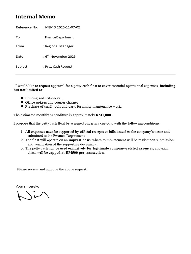 Internal Memo 20251106 - Petty Cash | PDF