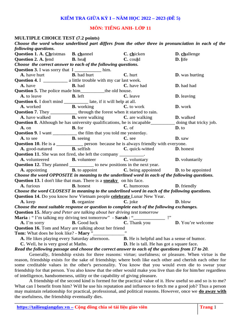 English Midterm Exam for Grade 11 | PDF | Friendship
