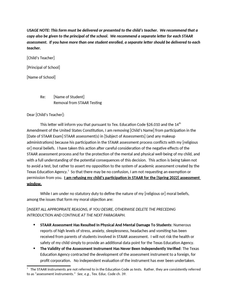 STAAR Testing Removal Letter Template | PDF | Educational Assessment ...