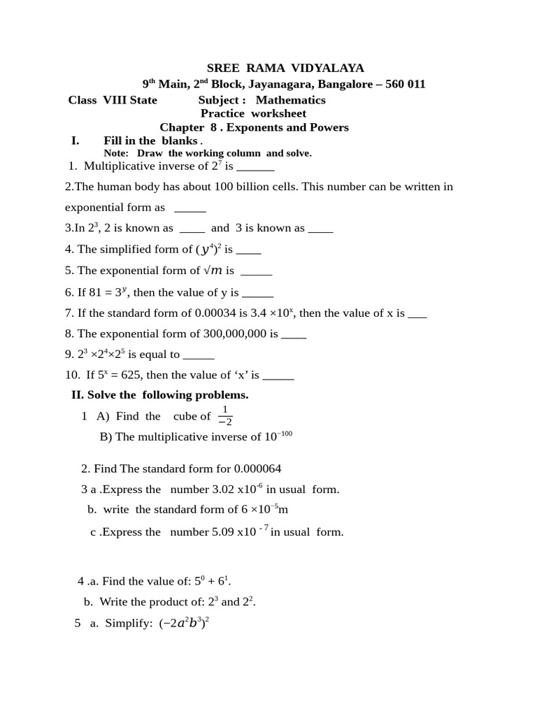 Cl8 Maths CH 8 - Exponents Practice Worksheet | PDF