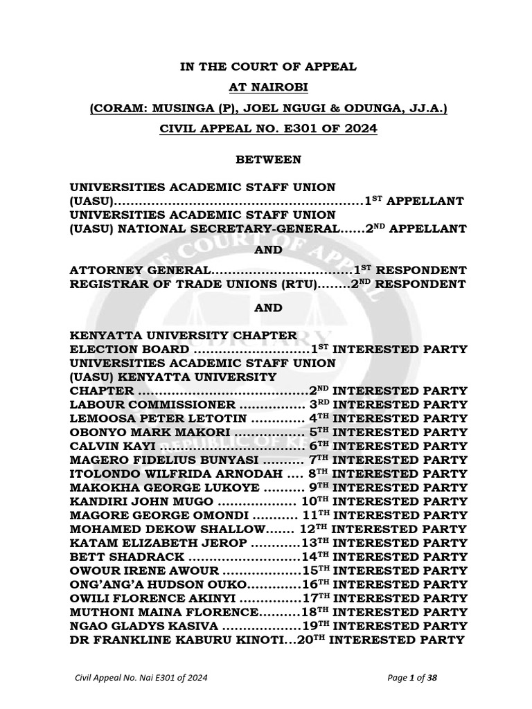 UASU Civil Appeal E301 of 2024 Summary | PDF | Appeal | Judgment (Law)
