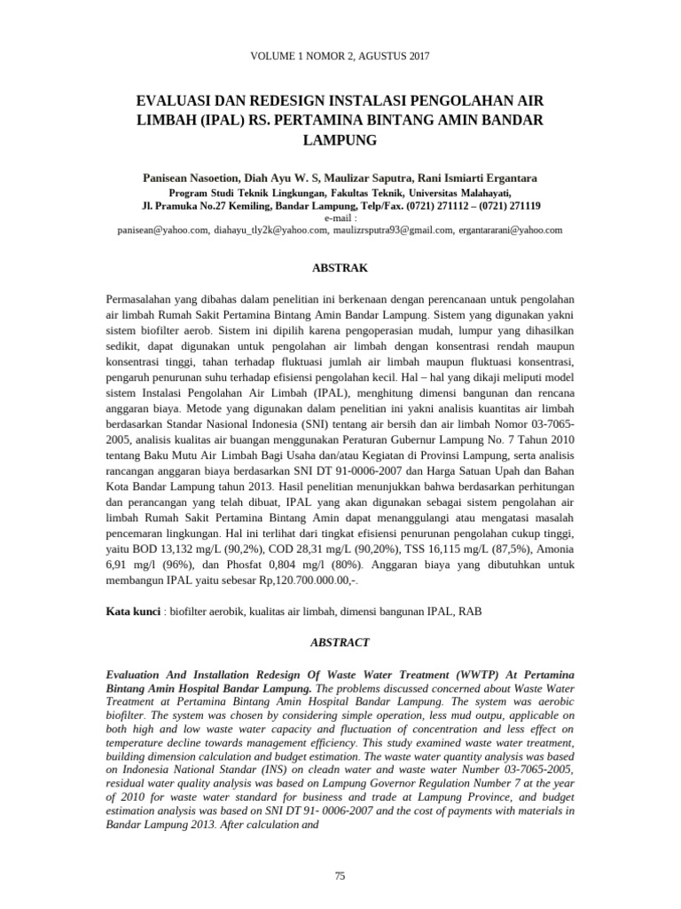 Evaluasi IPAL RS Pertamina Lampung | PDF