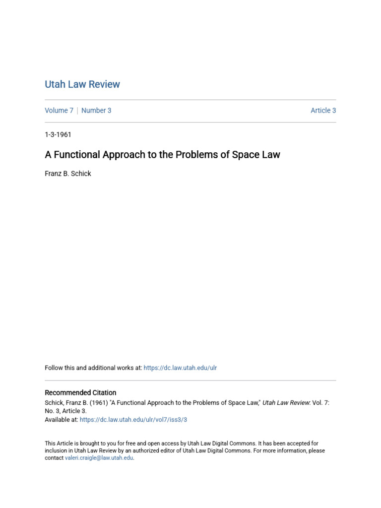 A Functional Approach To The Problems of Space Law | PDF