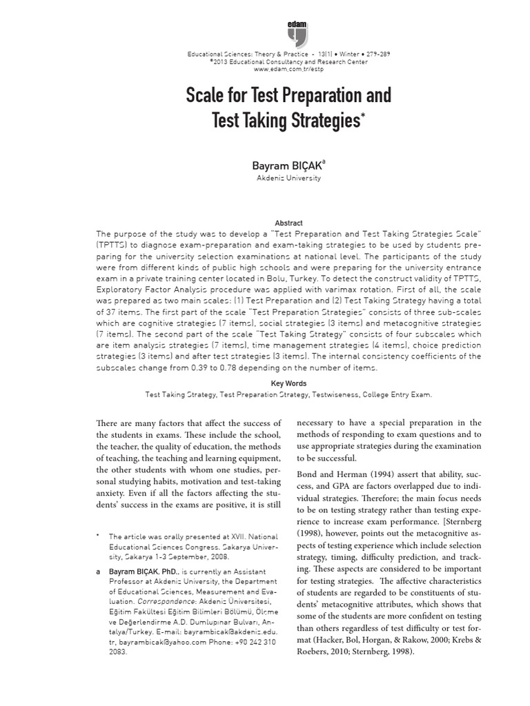 Scale for Test Preparation and Test Taking Strategies | PDF | Factor ...