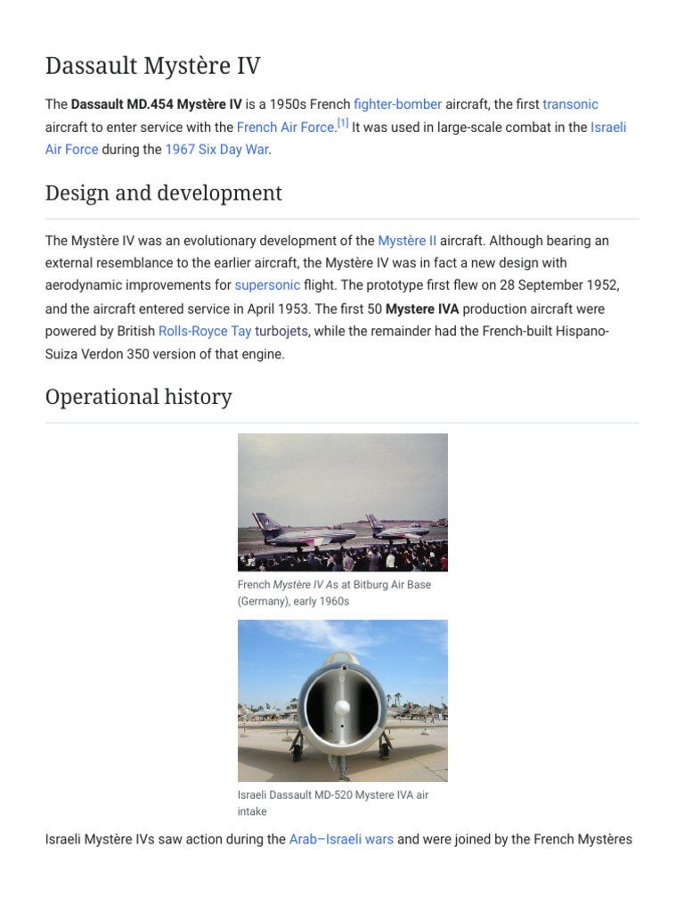 Dassault Mystère IV - Wikipedia | PDF | Monoplane | Wing Configurations