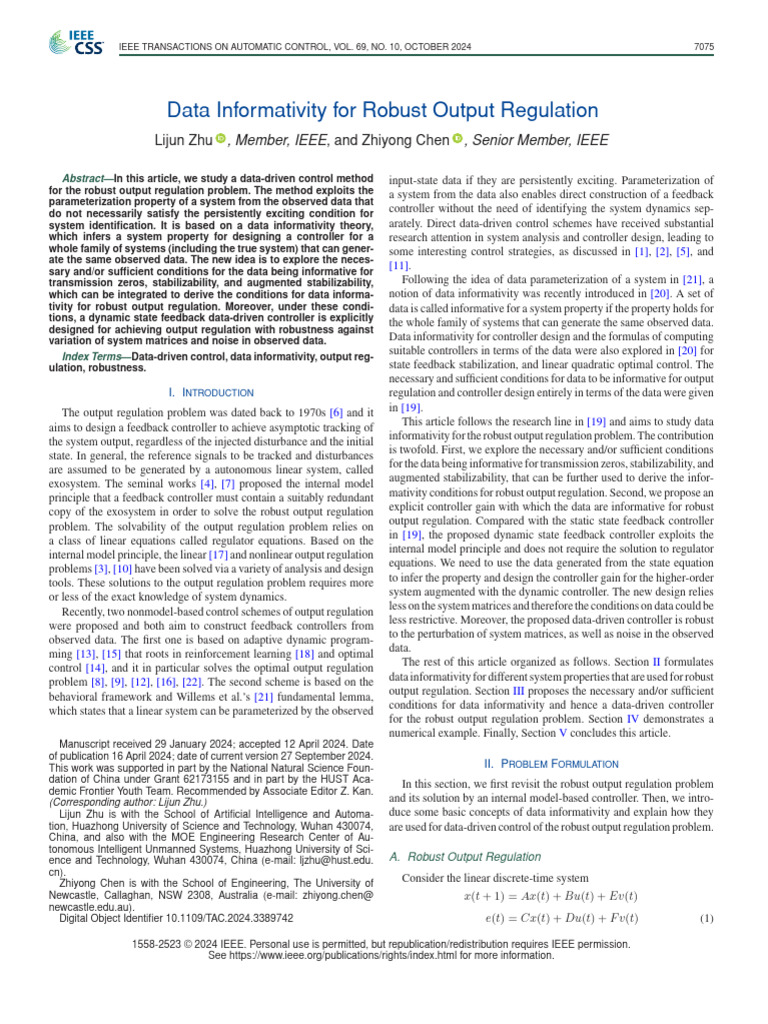 Data Informativity in Output Regulation | PDF | Control Theory | Matrix ...