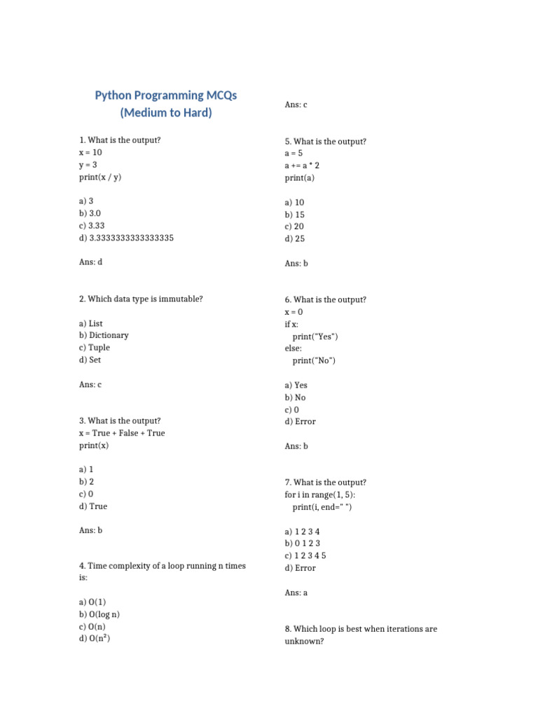Python MCQs: Medium to Hard Level | PDF | Software Engineering ...