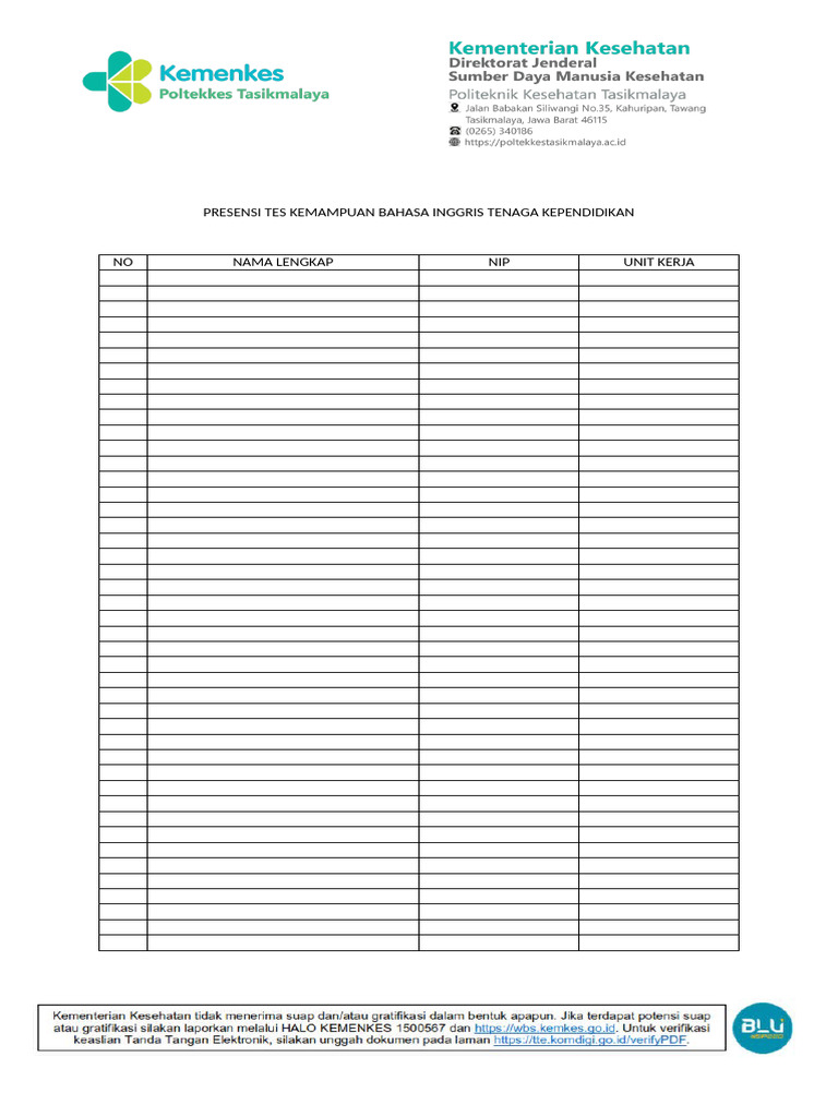 Presensi Tes Kemampuan Bahasa Inggris Tendik | PDF