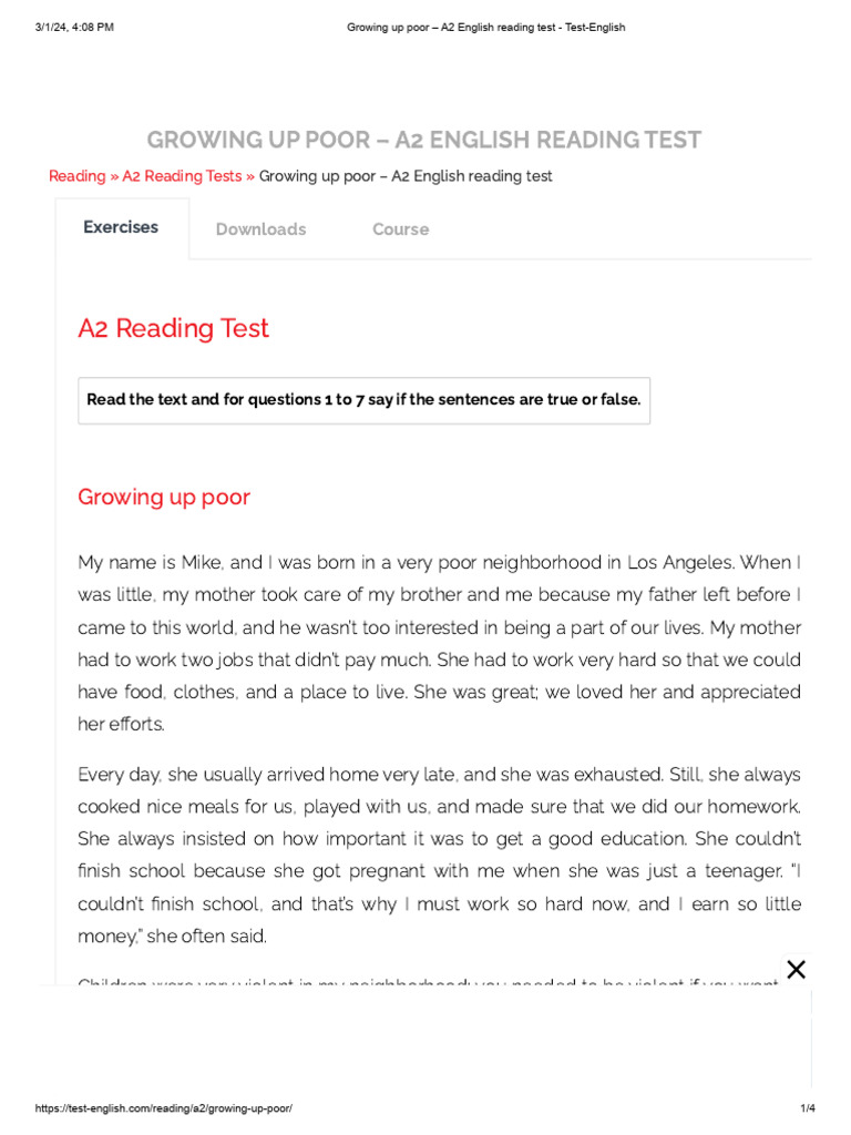 A2 English Test: Growing Up Poor | PDF