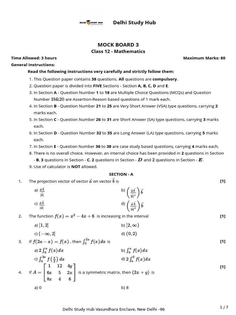 Class 12 Mathematics Mock Exam Paper | PDF | Matrix (Mathematics) | Algebra