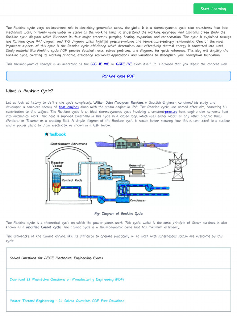 Rankine Cycle - Process, P-V & T-S Diagram, Efficiency & PDF Notes | PDF