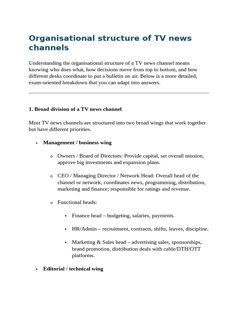 TV News Channel Organizational Structure | PDF | News | Information And ...
